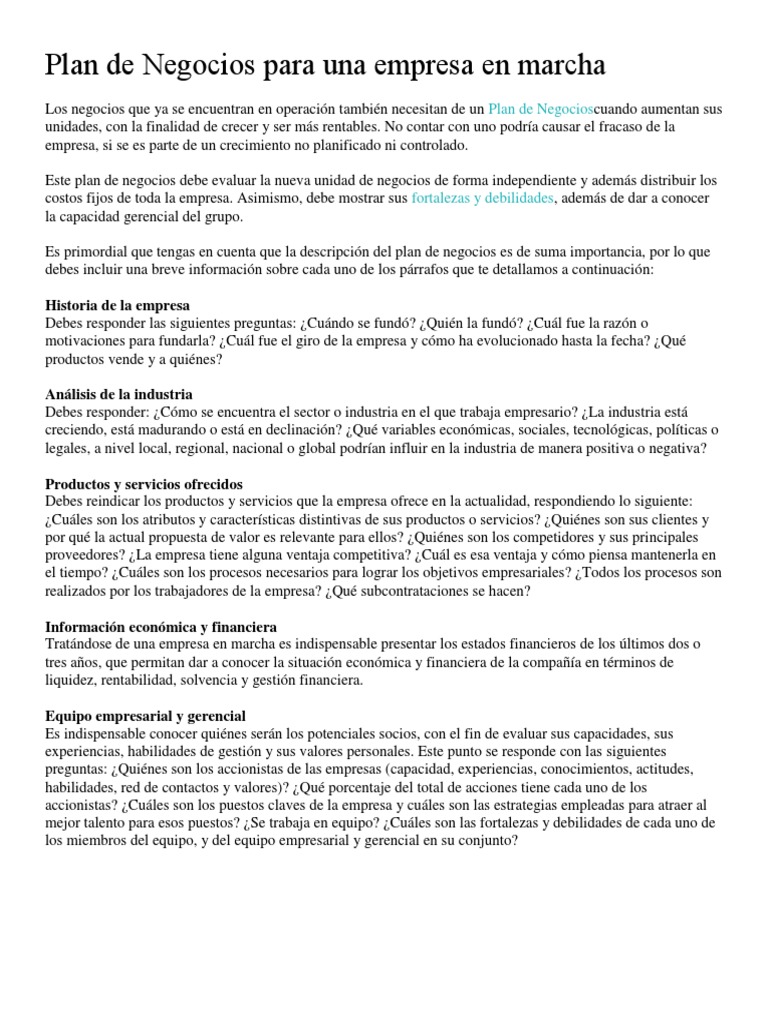 Plan de Negocios para Una Empresa en Marcha | PDF | Business | Economía ...