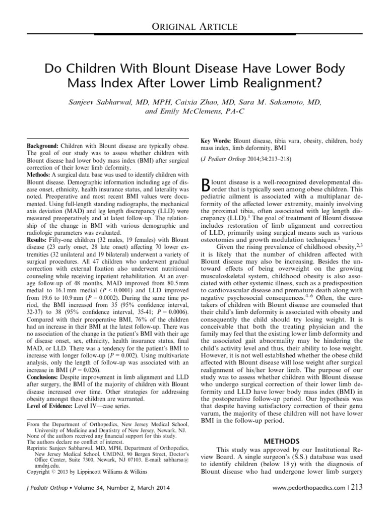 Do Children With Blount Disease Have Lower Body Mass Index Afler Lower ...
