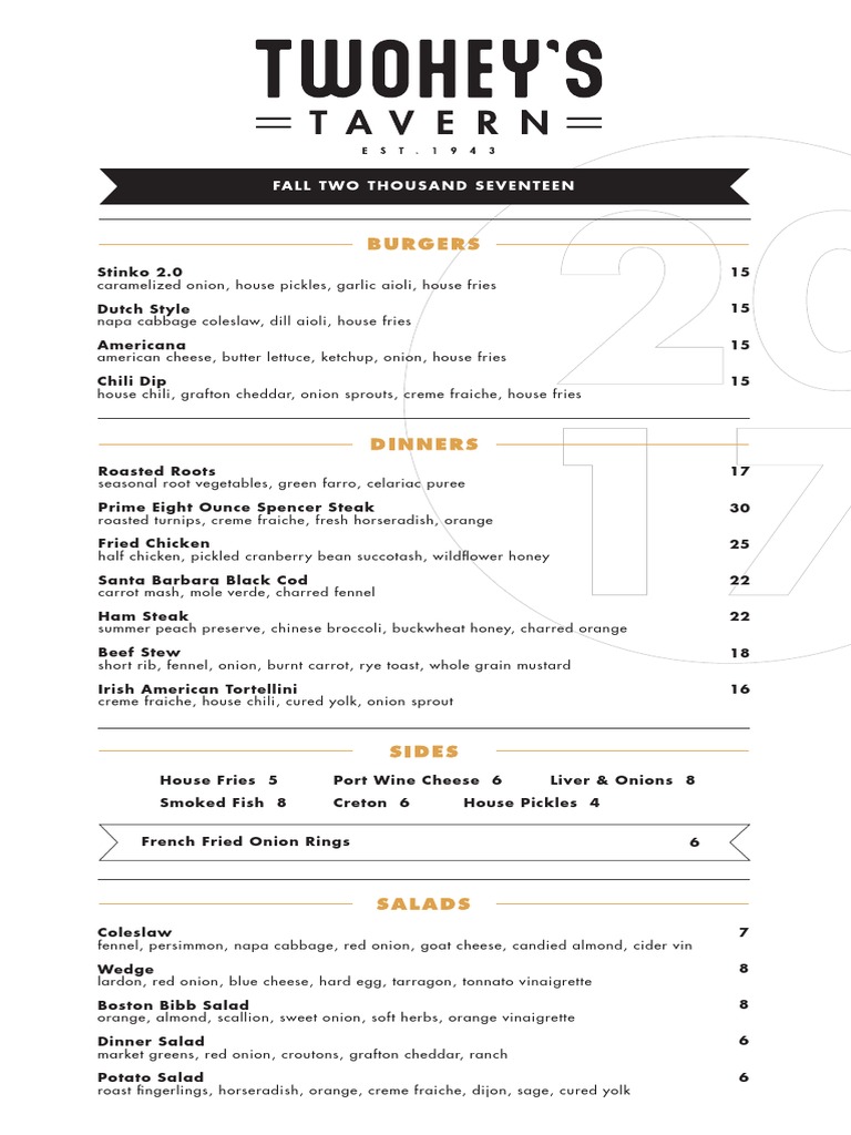 Twoheys Tavern - Dinner Menu - 11-17 | PDF | Coleslaw | French Fries