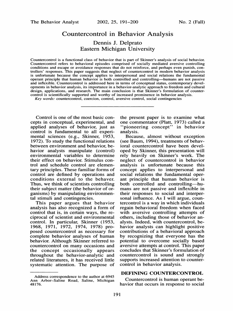 Countercontrol in Behavior Analysis PDF | PDF | Reinforcement | Emergence