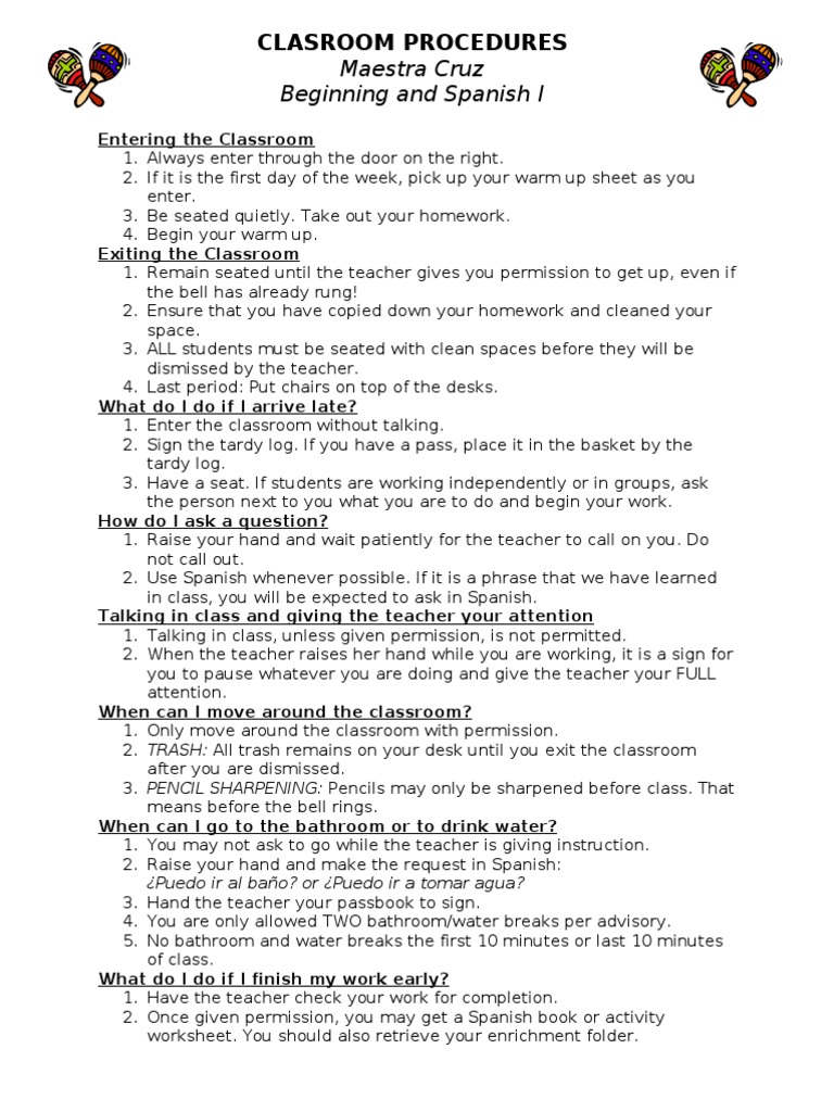 Classroom Procedures for Spanish I | PDF | Classroom | Learning
