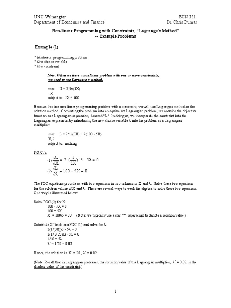 Non-Linear Programming With Constraints, "Lagrange's Method" - Example ...
