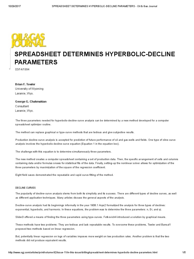 Spreadsheet Determines Hyperbolic Decline Parameters Oil And Gas Journal Pdf Regression