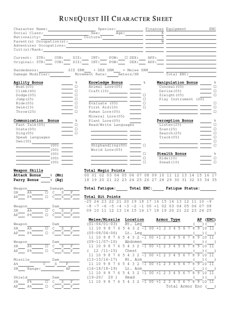Runequest Sheet Third Edition PDF | PDF | Role Playing Games | Fantasy ...
