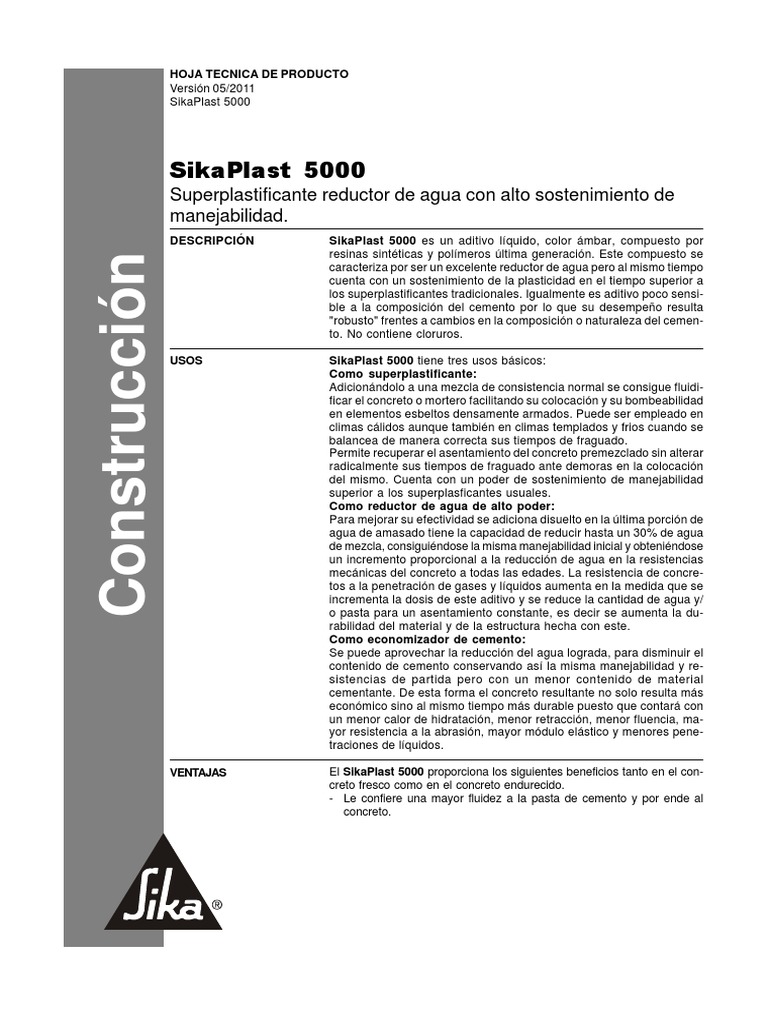 SikaPlast 5000 | PDF | Hormigón | Cemento