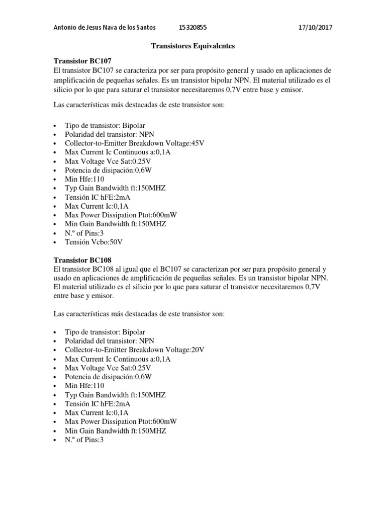Transistores Equivalentes | PDF | Transistor | Transistor de unión bipolar