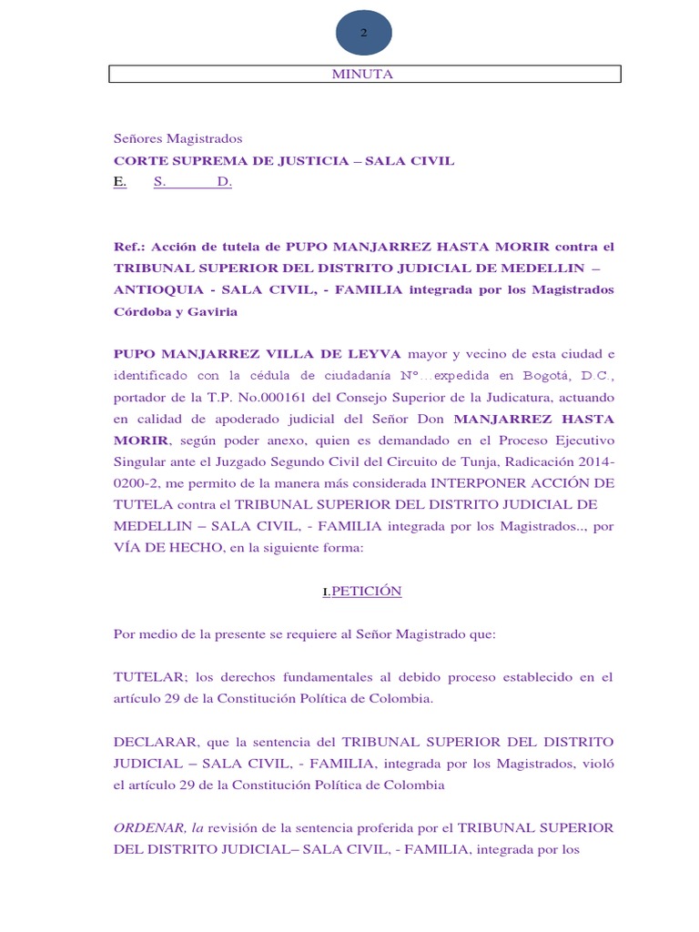 Minuta de Tutela Adecuada | PDF | Debido al proceso | Derecho Constitucional