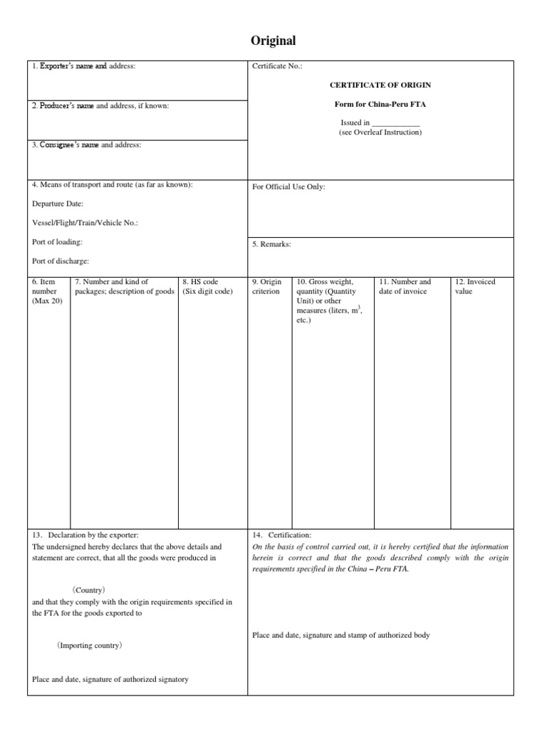 Original: Certificate of Origin Form For China-Peru FTA | PDF | Invoice ...