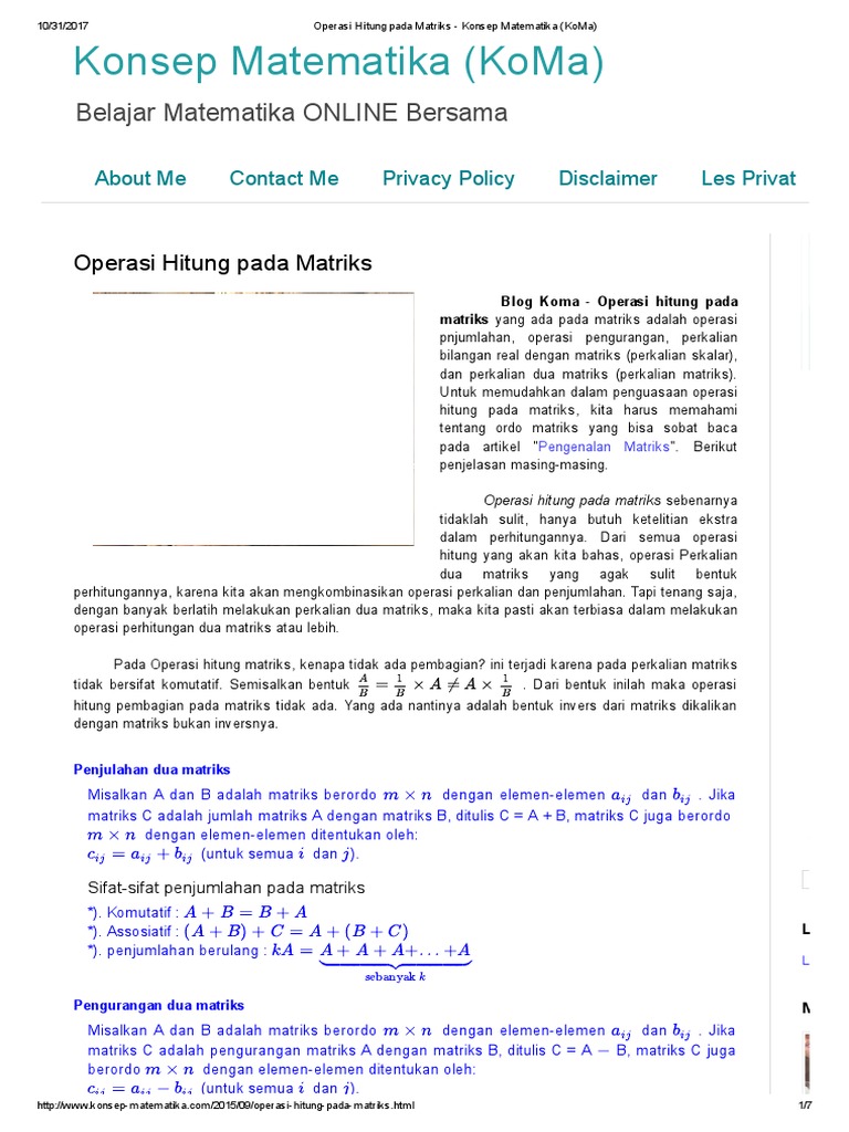 Operasi Hitung Pada Matriks - Konsep Matematika (KoMa) PDF | PDF