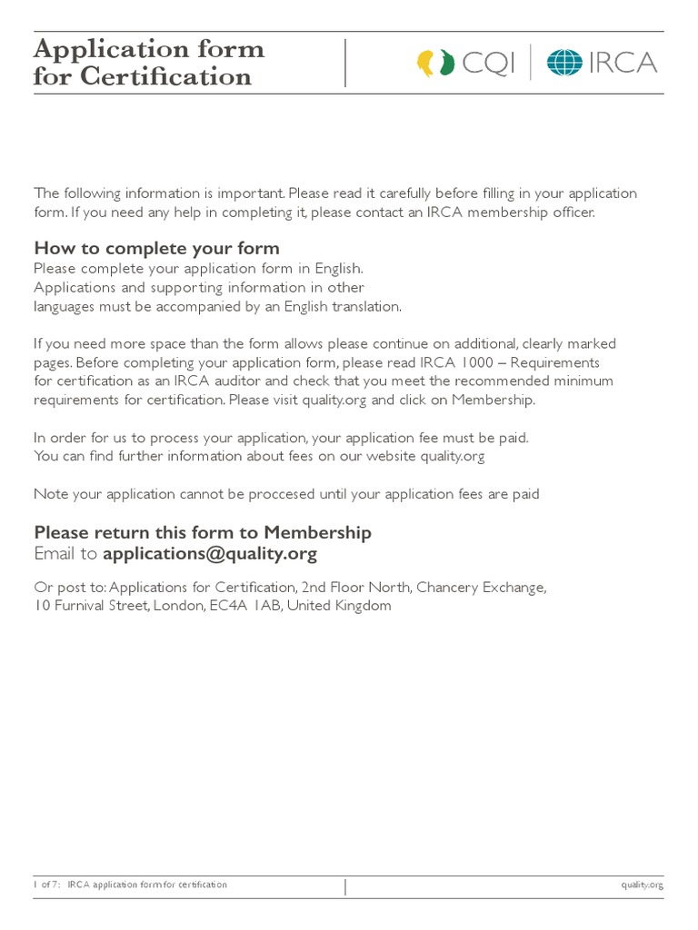 IRCA Application Form | PDF | Wire Transfer | Iso 9000