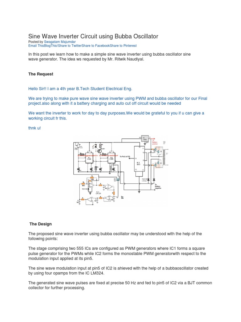 Sine Wave Inverter Circuit Using Bubba Oscillator | PDF