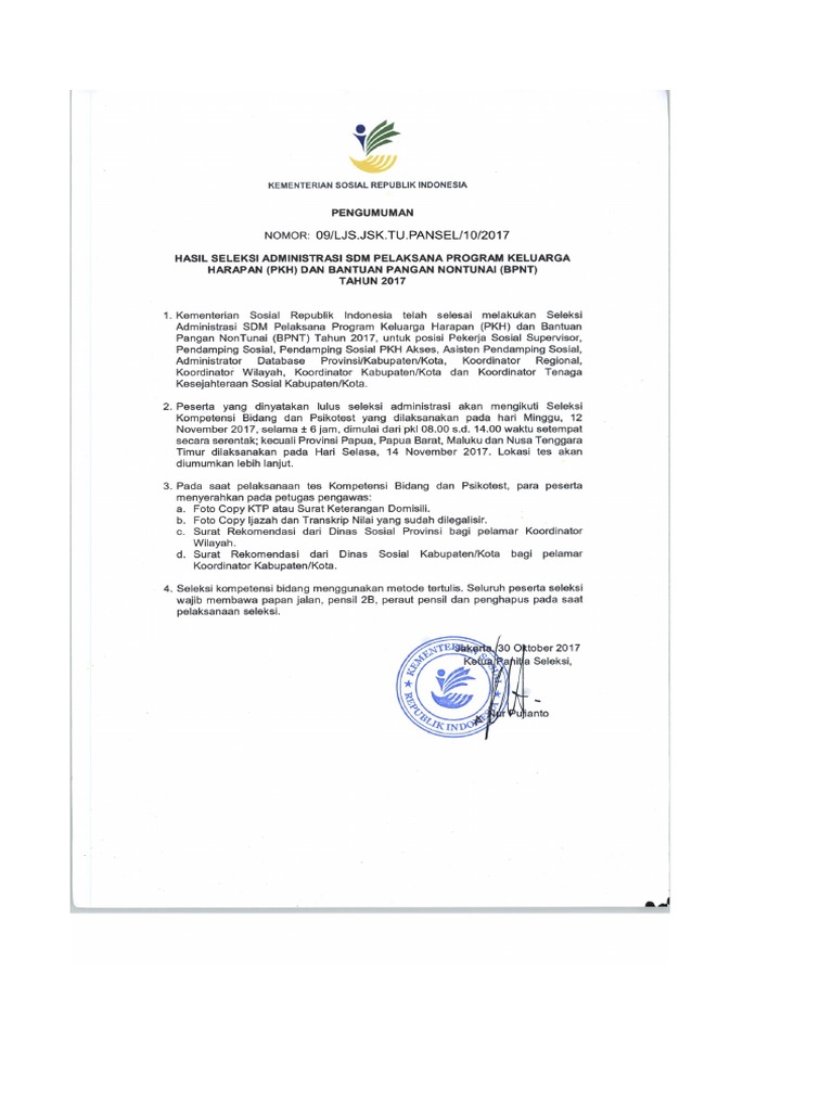 Pengumuman Hasil Seleksi Adm SDM PKH 2017 Final PDF | PDF