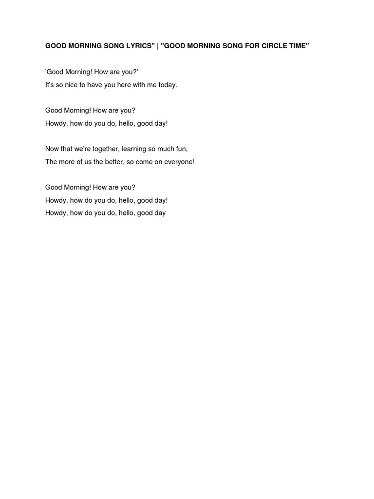 Good Morning Song Lyrics" - "Good Morning Song For Circle Time" | PDF