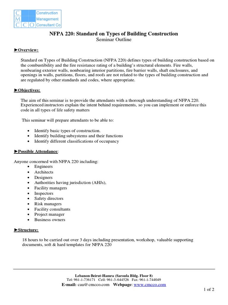 NFPA 220 Seminar Outline | PDF | Wall | Safety