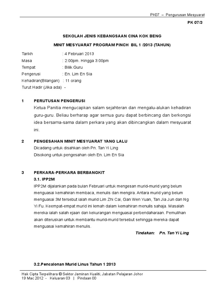 Borang PK 07 3 Contoh Format Minit Mesyuarat Pinch | PDF
