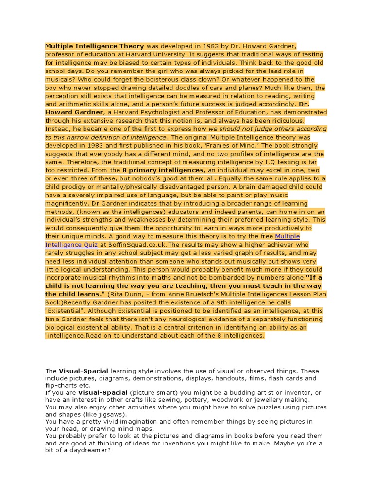 Multiple Intelligence Theory | PDF | Intelligence | Mind