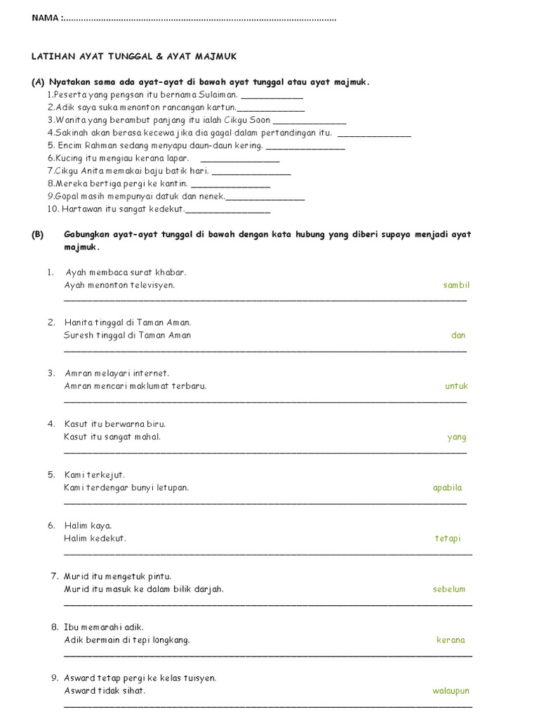 Latihan Ayat Tunggal & Ayat Majmuk | PDF