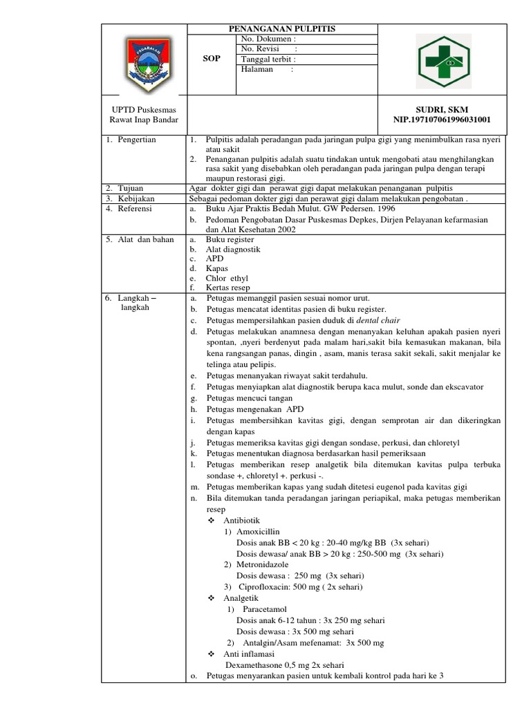 Sop Penanganan Pulpitis | PDF