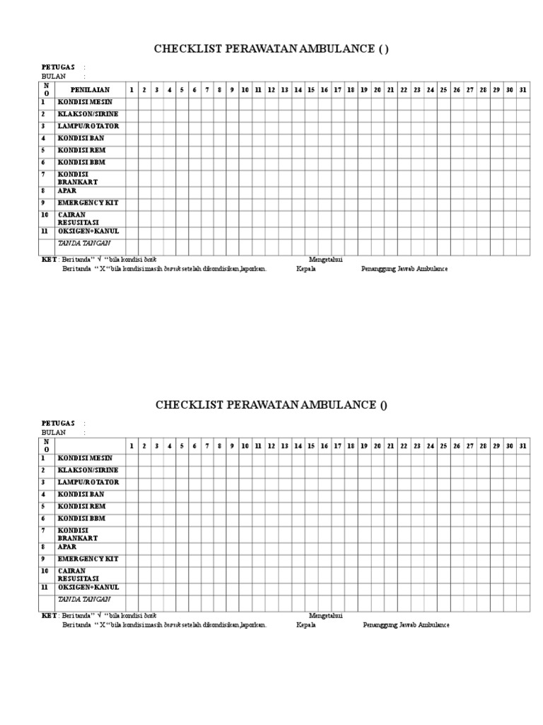 Checklist Perawatan Ambulance EDIT 6 | PDF