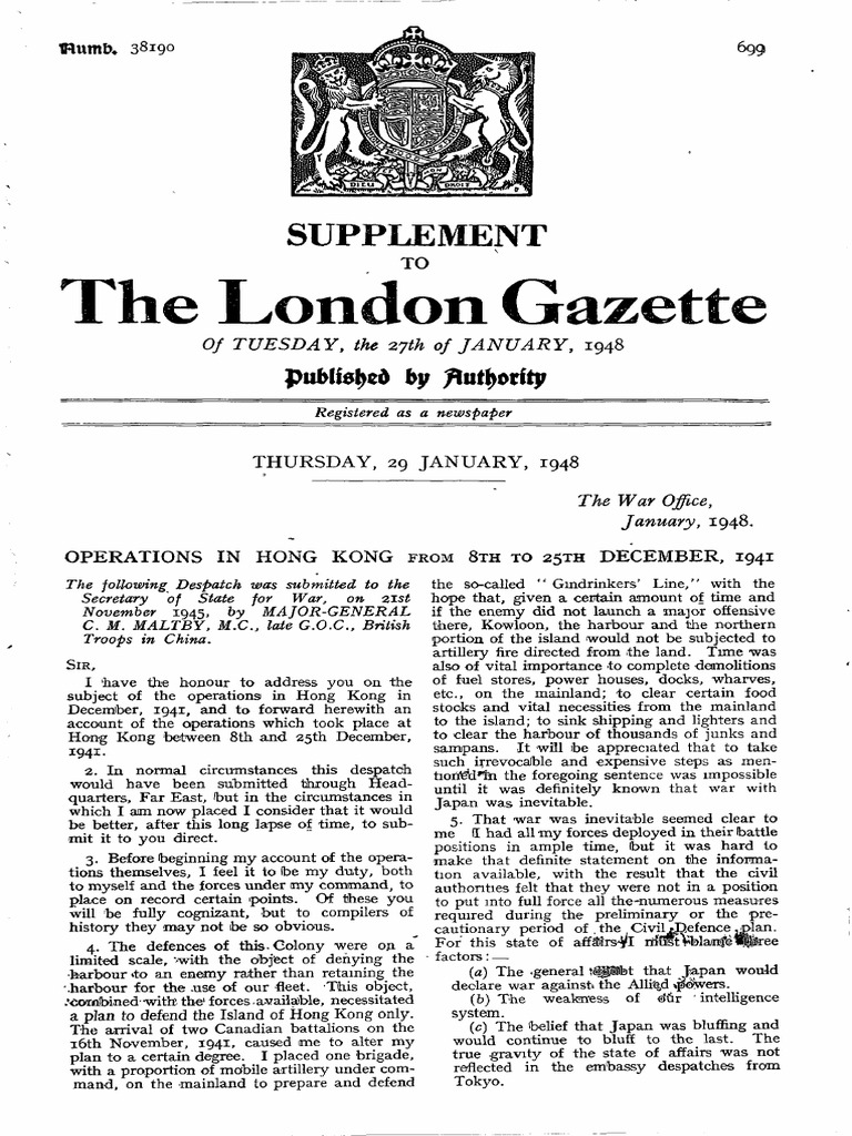 London Gazette 38190 Despatch On Operations in Hong Kong 1941 Dec.8-25 ...