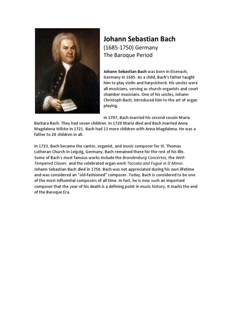 Johann Sebastian Bach Info Sheet For Students | PDF