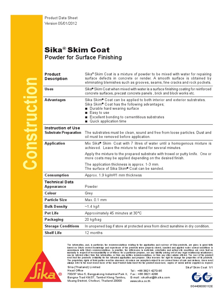 Sika PDS - E - Sika Skim Coat PDF | Concrete | Materials