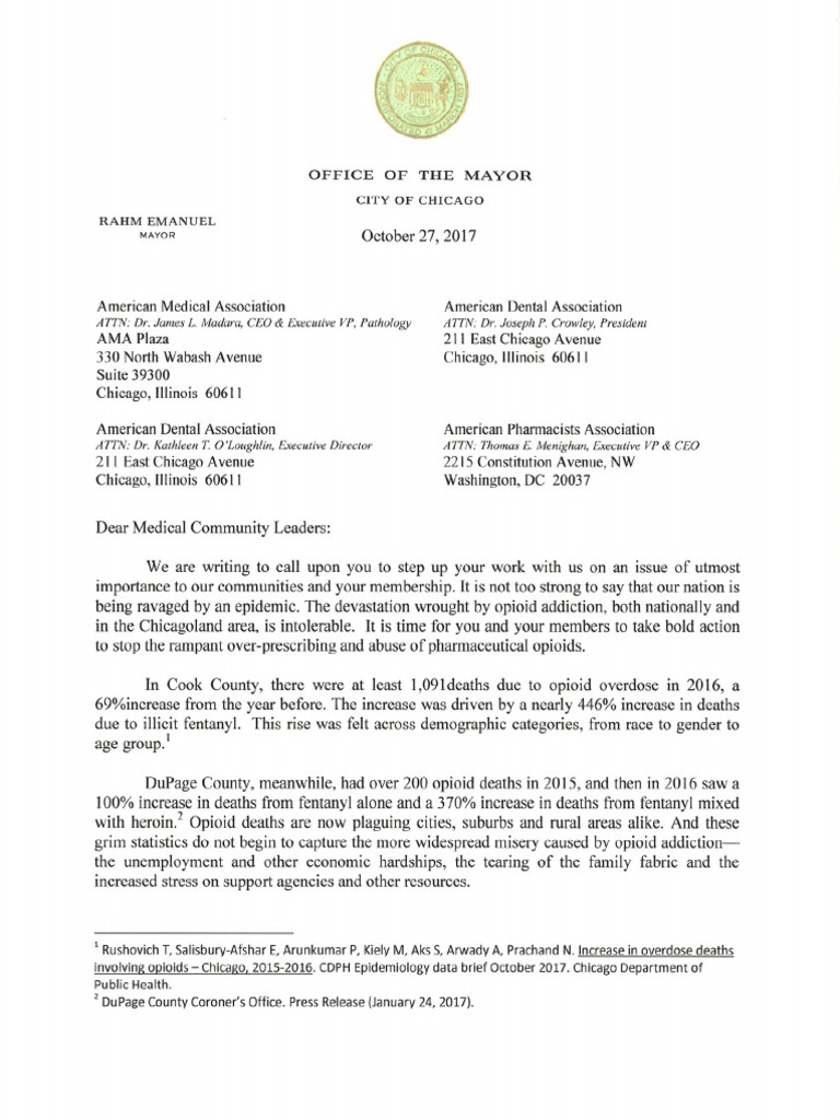 CoC-Cook-DuPage Joint Opioid Letter To AMA ADA APA (FINAL) - 2017 PDF | PDF