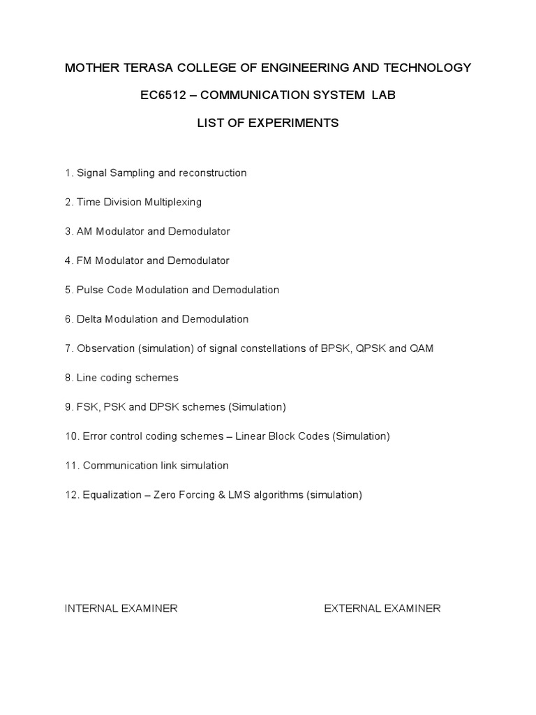 Mother Terasa College of Engineering and Technology Ec6512 - Communication System Lab List of ...