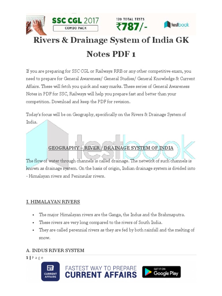 Rivers Drainage System of India GK Notes PDF 1 | PDF | Indus River ...