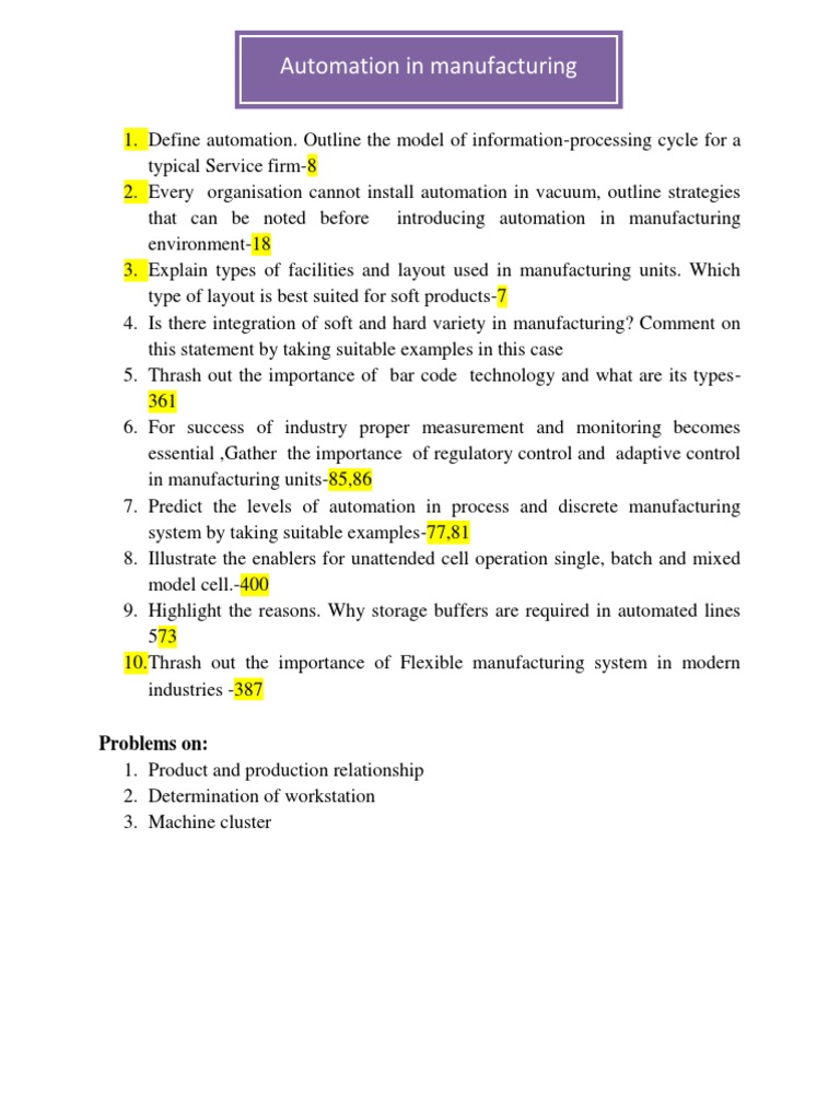 Automation in Manufacturing: Problems On | PDF
