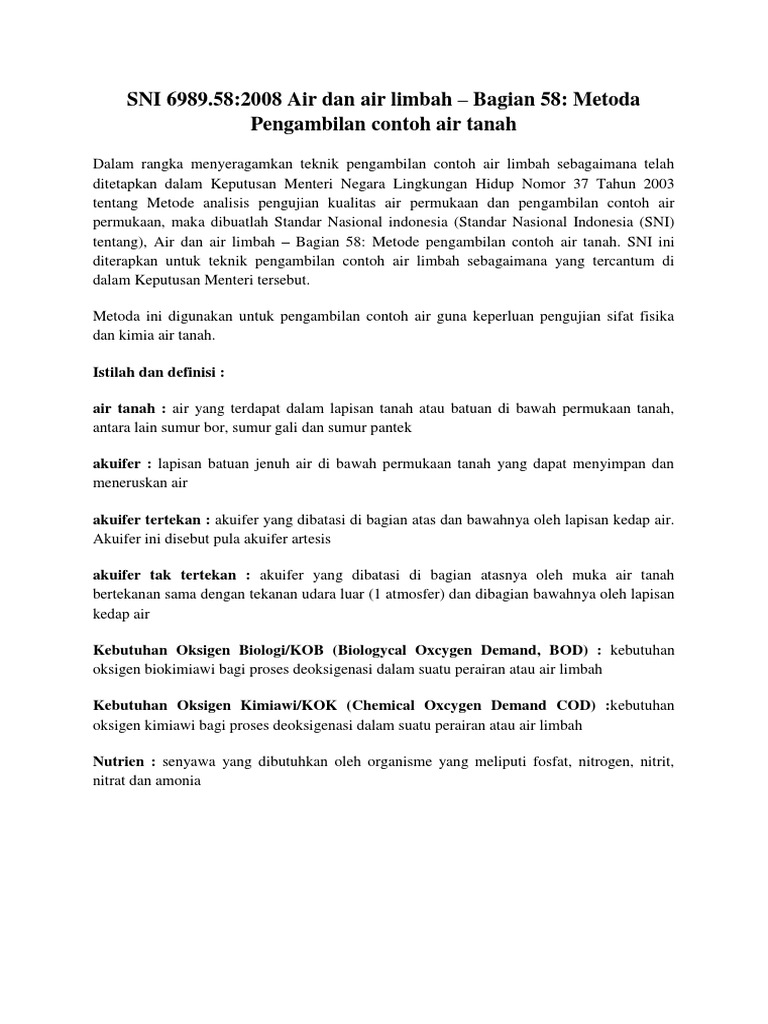 SNI 6989 58 2008 Tentang Cara Pengambilan Sampel Air Tanah | PDF