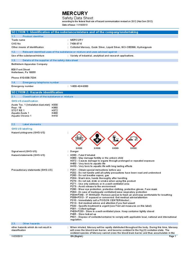 MSDS Mercury - HazCom | PDF | Mercury (Element) | Toxicity