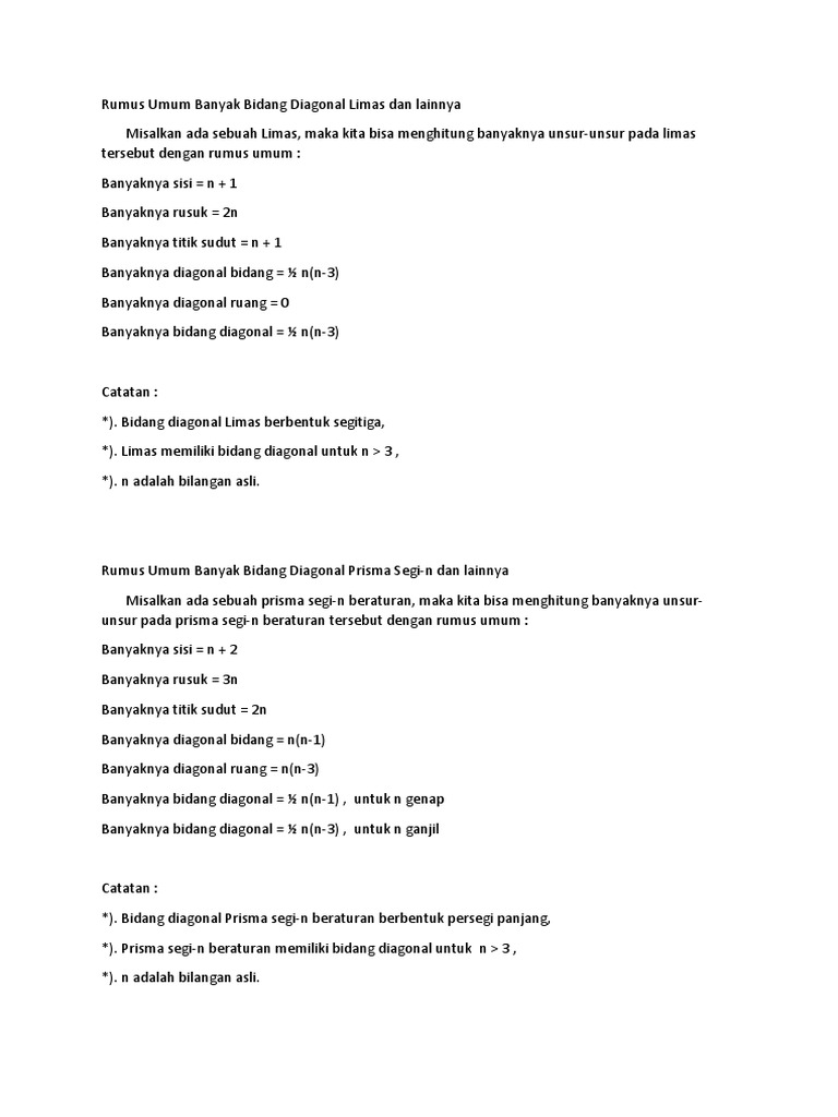 Rumus Umum Banyak Bidang Diagonal Limas Dan Prisma | PDF