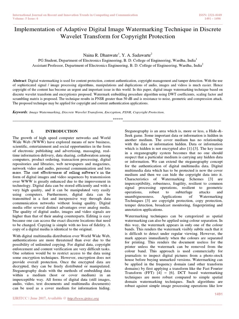 Implementation of Adaptive Digital Image Watermarking Technique in Discrete Wavelet Transform ...