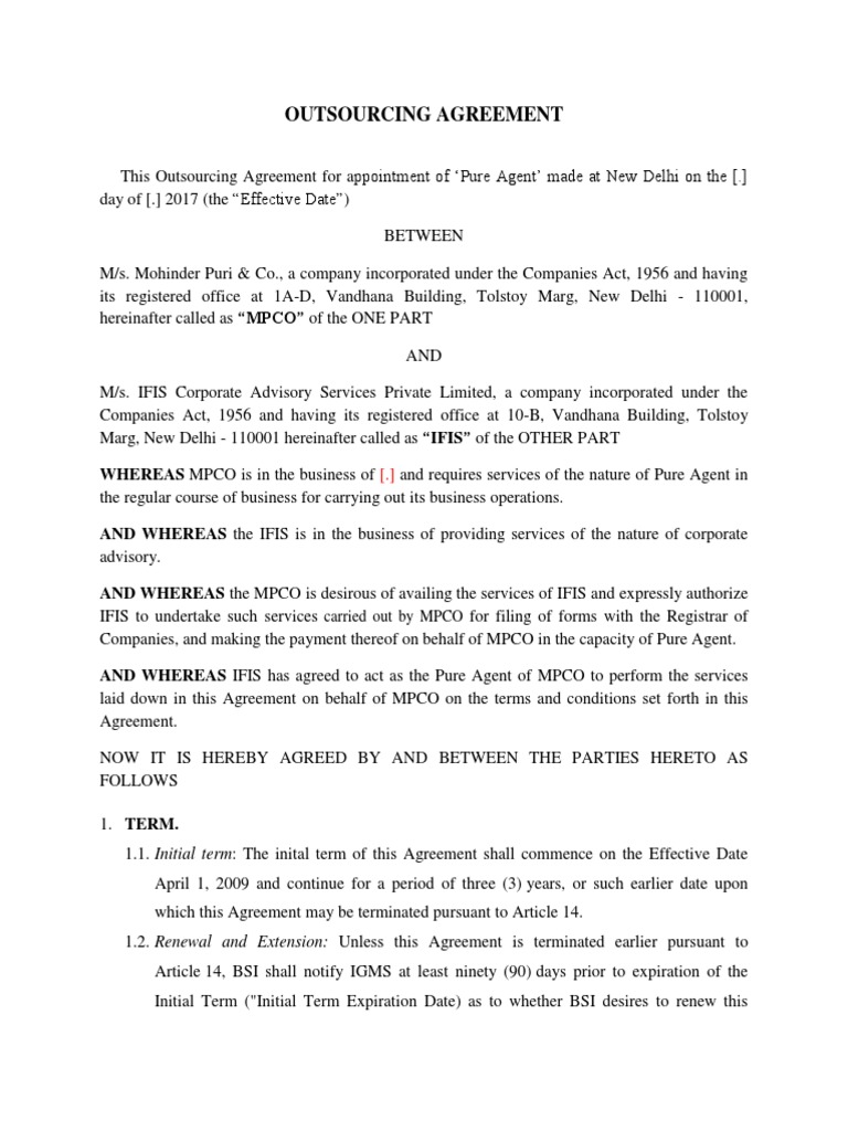 Format of An Outsourcing Agreement | PDF | Liquidation | Indemnity