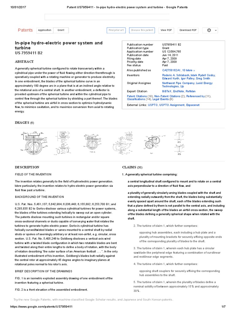 Patent US7959411 - In-Pipe Hydro-Electric Power System and Turbine ...