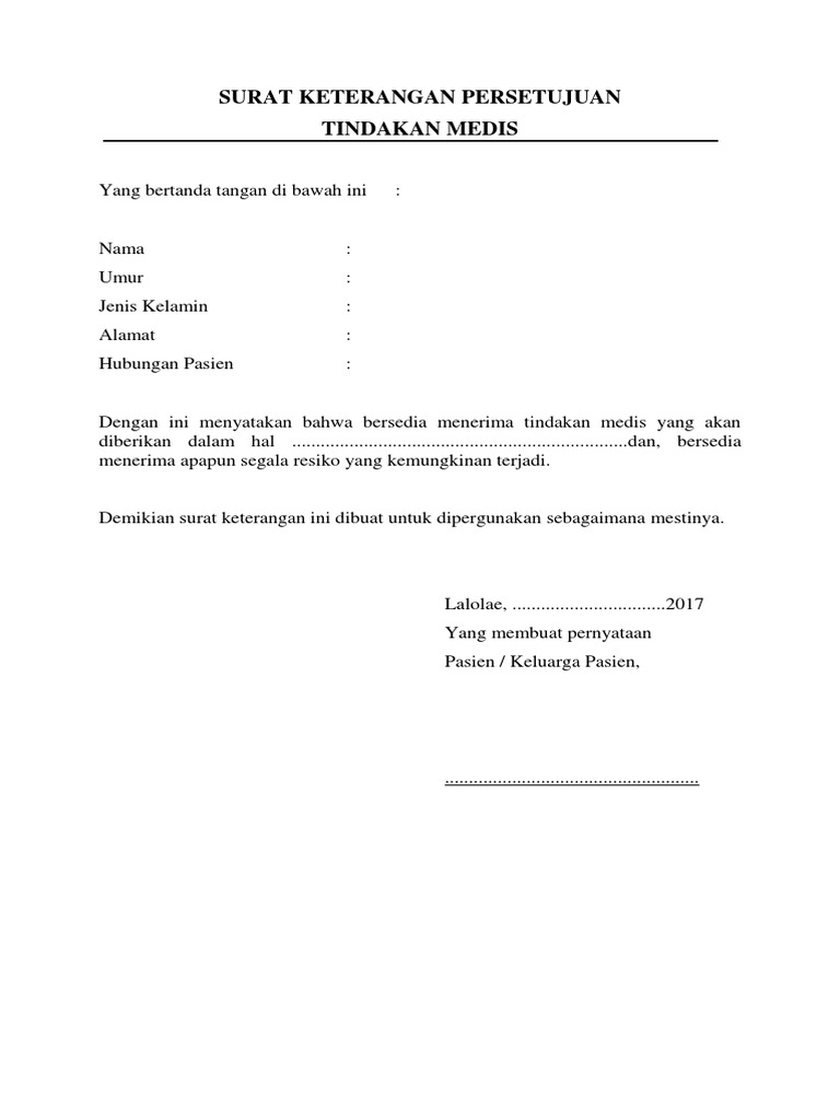 Surat Keterangan Persetujuan Tindakan Medis | PDF