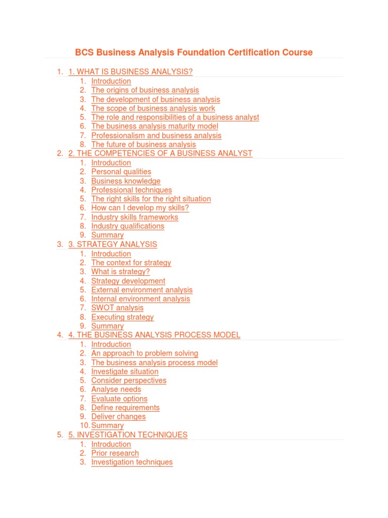 BCS Business Analysis Foundation Certification Course - Index | PDF ...