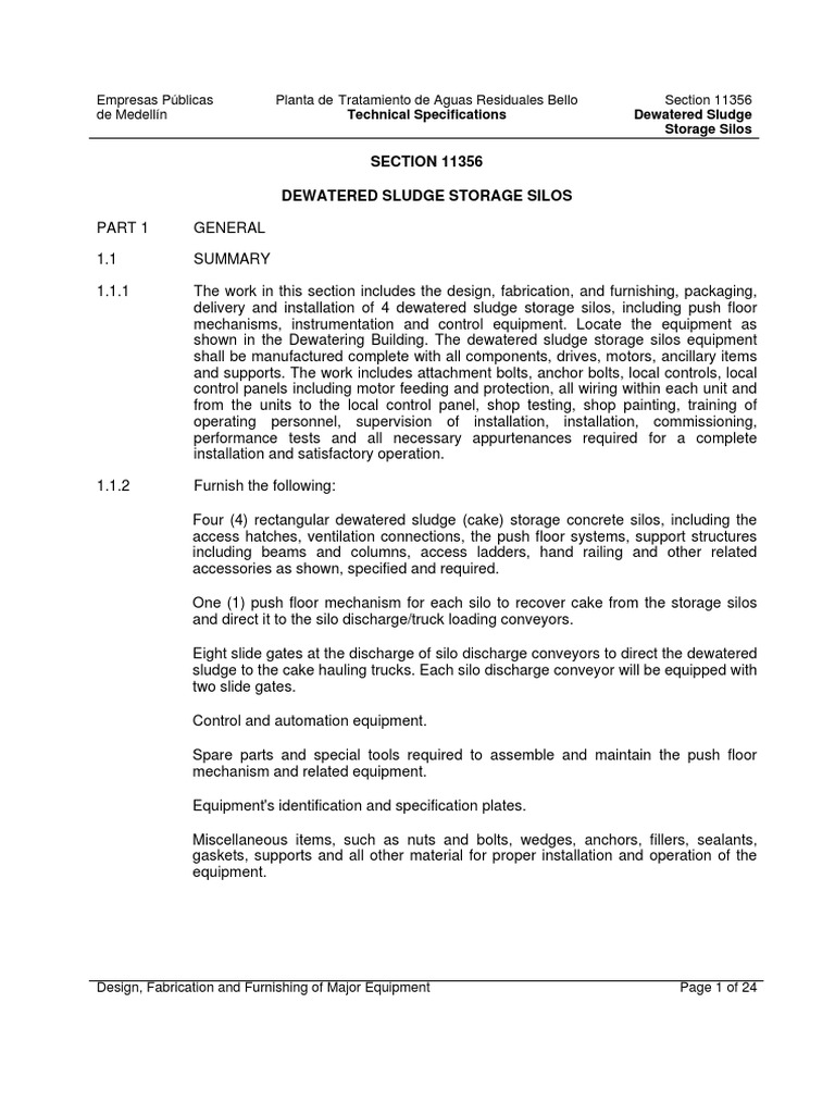 Section - 11356 - Dewatered Sludge Storage Silos | PDF | Pipe (Fluid ...