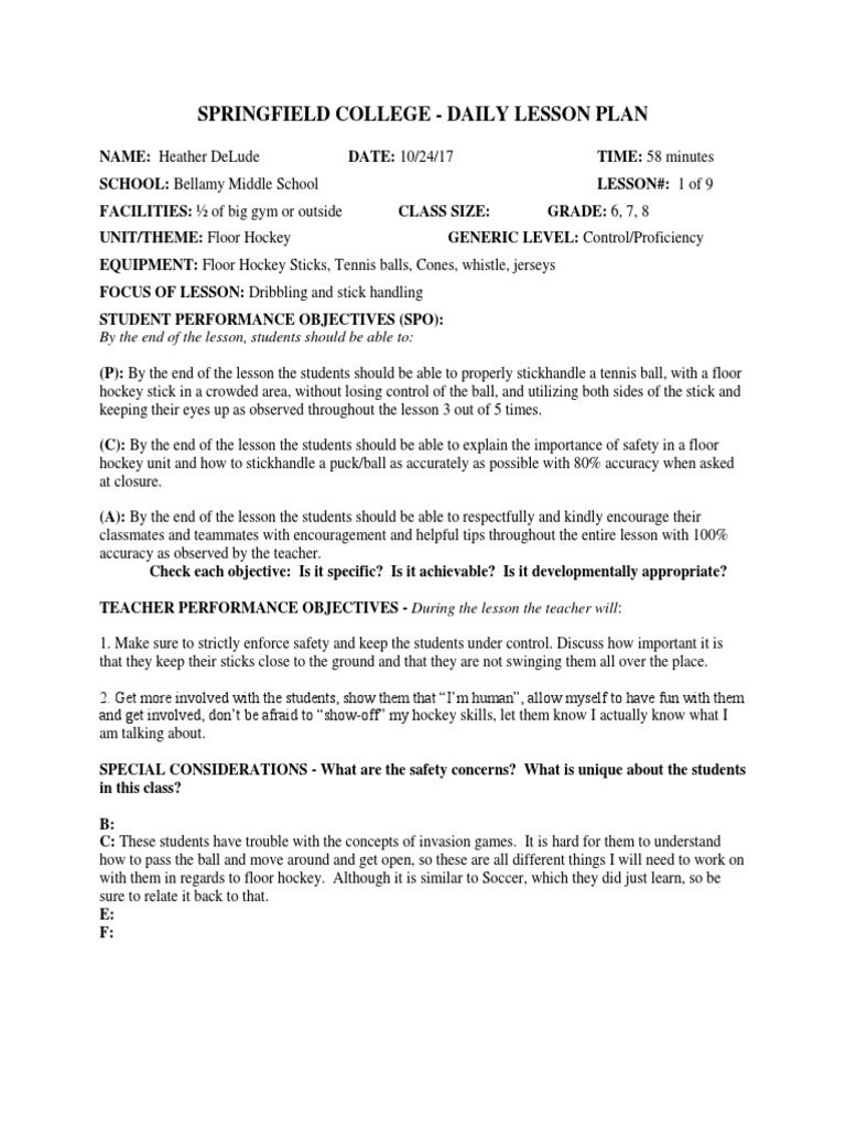 Floor Hockey | PDF | Lesson Plan | Sports