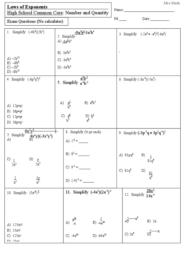 Exponent Laws Exam Questions | PDF | Teaching Mathematics ...