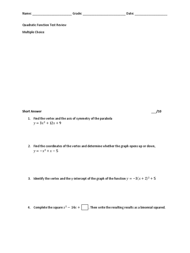 Quadratic Functions Test Review | PDF | Teaching Methods & Materials