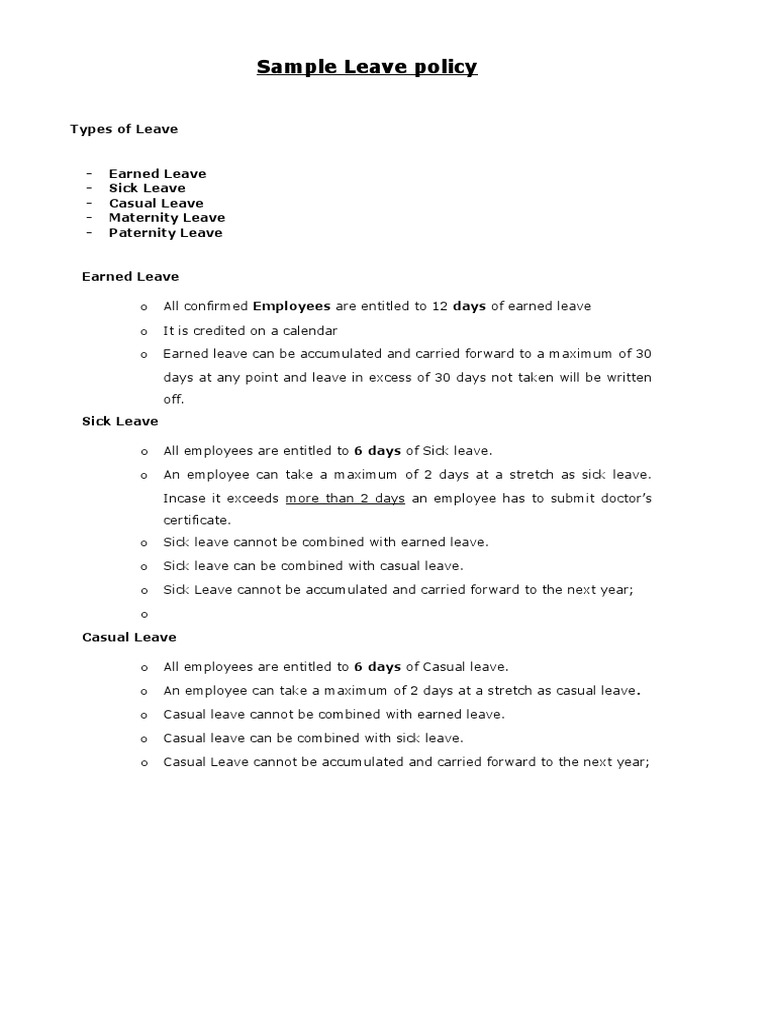 Sample Leave Policy | PDF | Parental Leave | Sick Leave