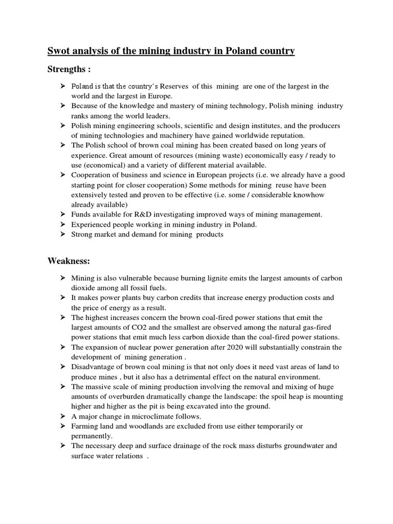 Swot Analysis of The Mining Industry in Poland Country Sid | PDF ...