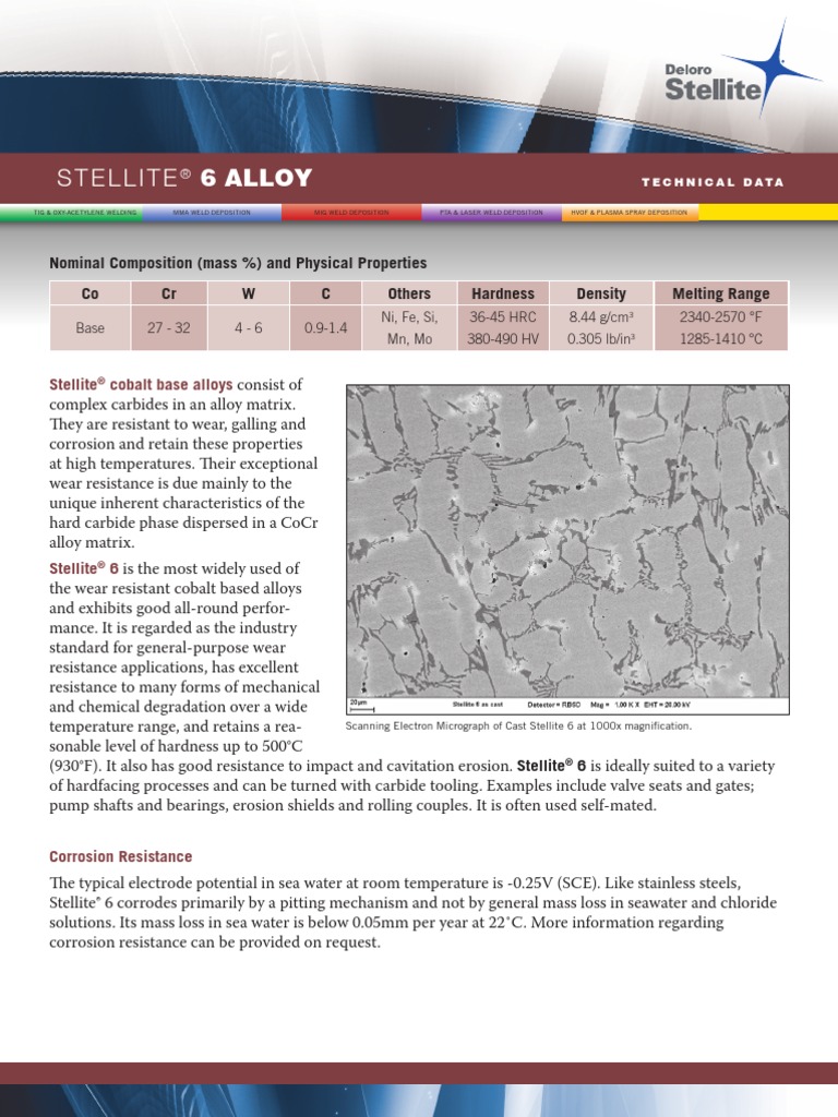 Stellite 6 DS01-21708 (S R0808) | PDF | Ultimate Tensile Strength | Wear