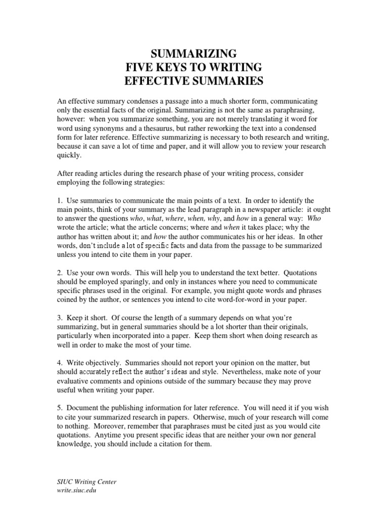 Summarizing Five Keys To Writing Effective Summaries: SIUC Writing ...