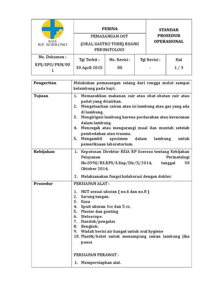 Pemasangan OGT Oral Gastro Tube Ruang Perinatologi | PDF