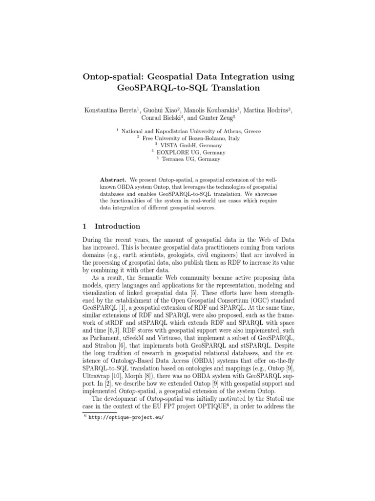 Ontop-Spatial: Geospatial Data Integration Using Geosparql-To-Sql Translation | PDF | Geographic ...