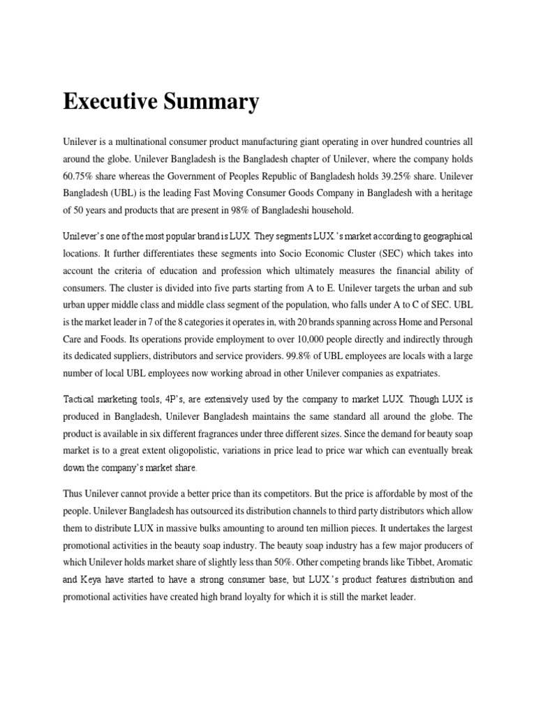 Executive Summary | PDF | Unilever | Brand