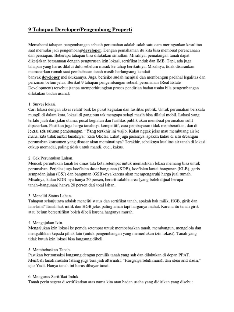 9 Tahapan Developer Atau Pengembang Properti | PDF